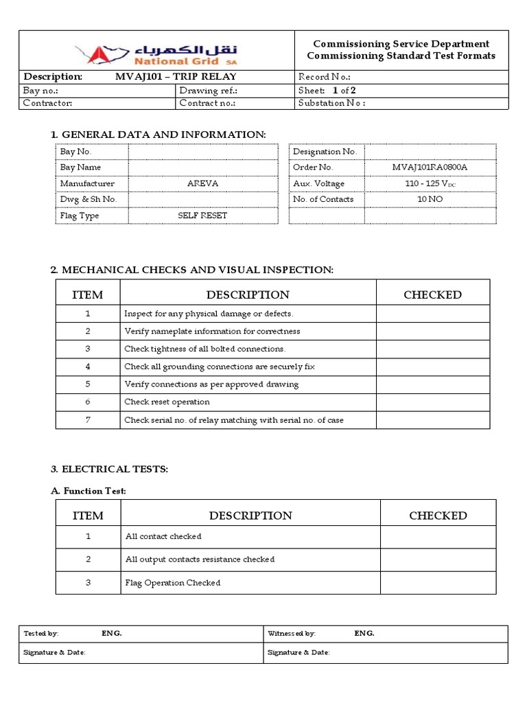 Commissioning Test Report for MVAJ101 Trip Relay | PDF | Relay | Voltage