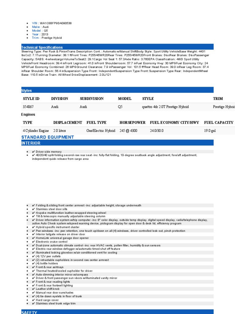 Technical Specifications: Standard Equipment | PDF | Trunk (Car) | Airbag