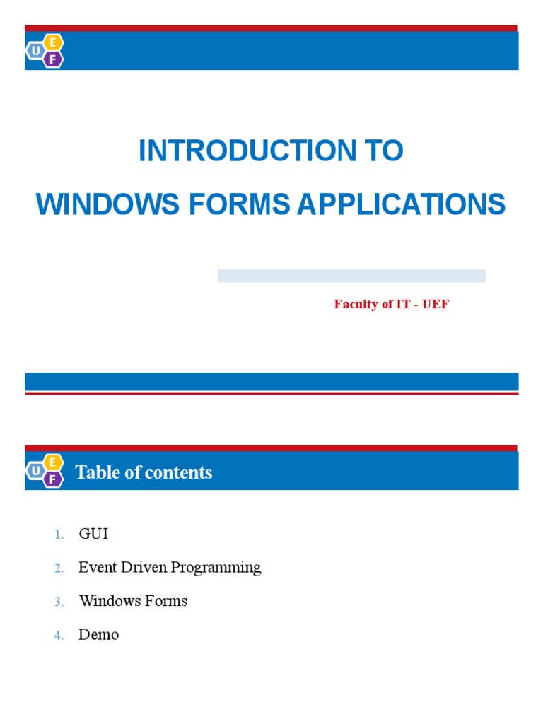 Introduction To Windows Forms Applications: E E U F F | PDF | Graphical User Interfaces ...