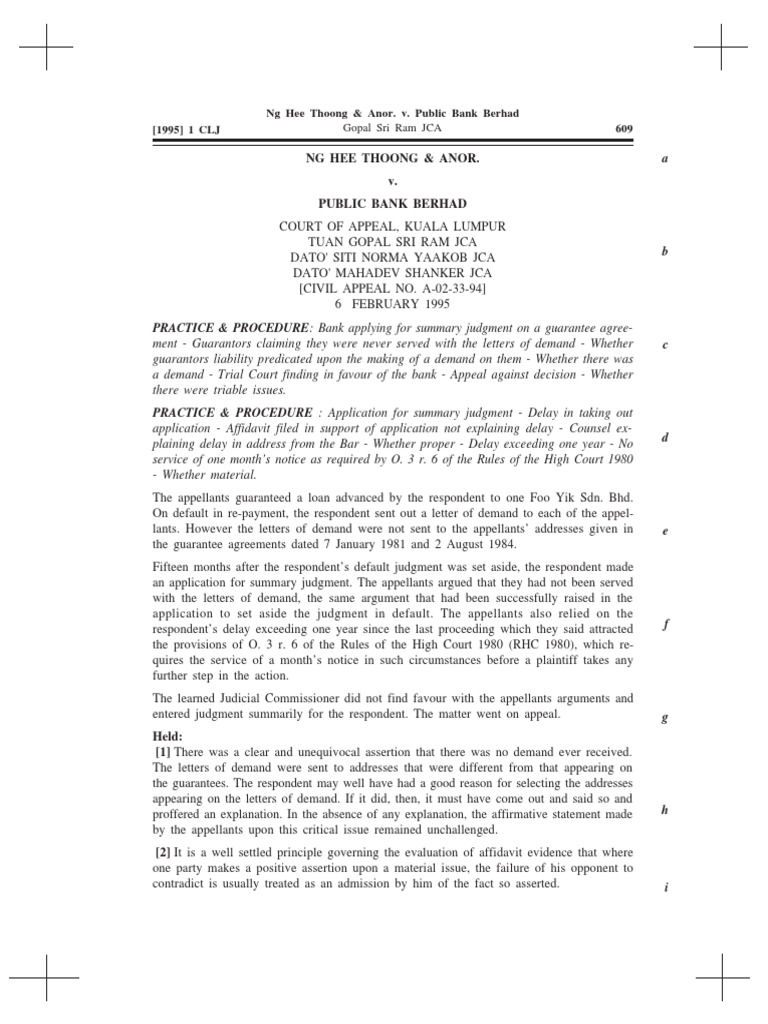 NG Hee Thong - CLJ - 1995 - 1 - 609 - PSB PDF | PDF | Default Judgment | Judgment (Law)