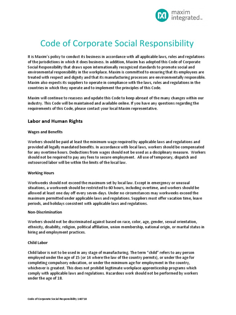 Code of Corporate Social Responsibility | PDF | Waste Management ...