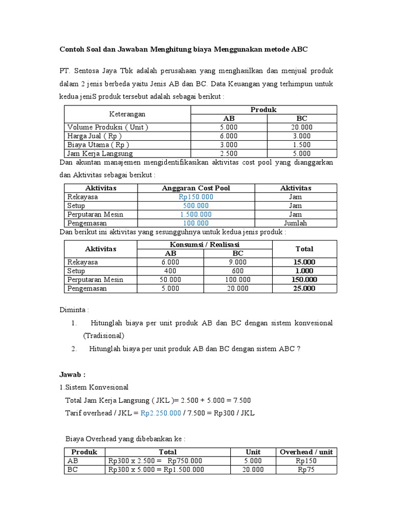 Contoh Soal Dan Jawaban Menghitung Biaya Menggunakan Metode ABC | PDF