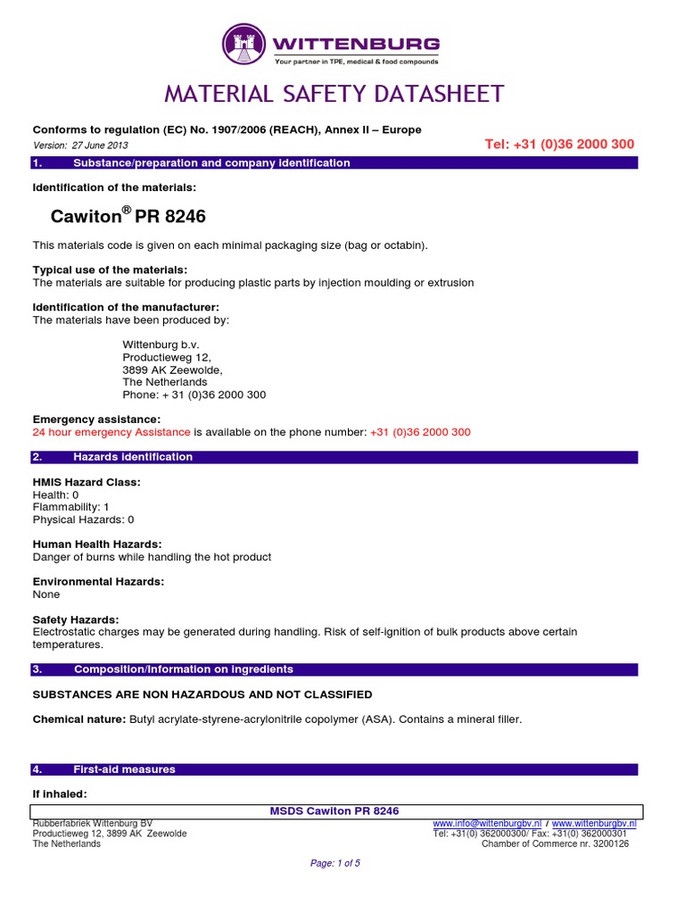 Material Safety Datasheet: Cawiton PR 8246 | PDF | Toxicity | Materials