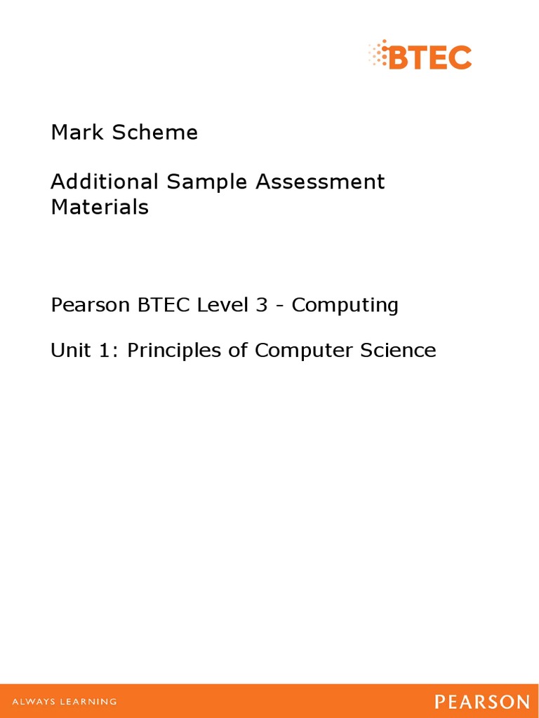 Additional Sample Assessment Material Unit 1 Principles of Computer Science Mark Scheme PDF ...