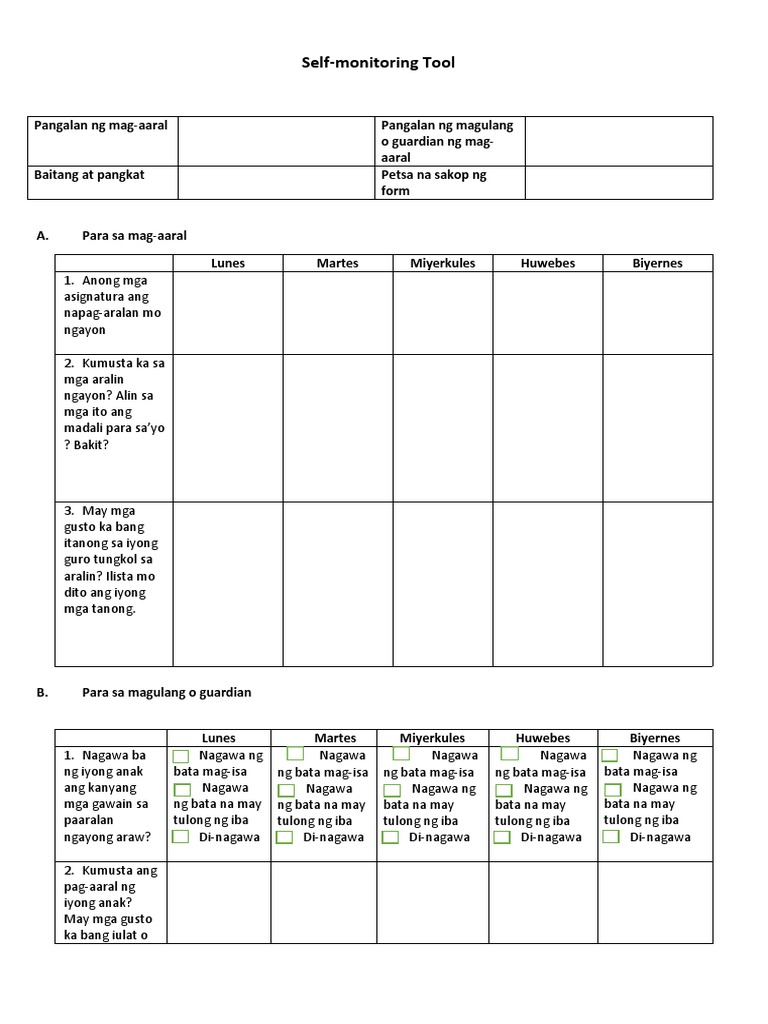 Self Monitoring Template Revised | PDF