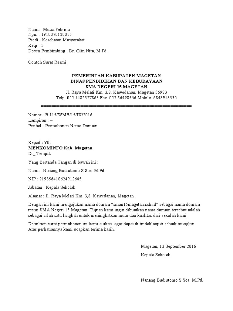 Contoh Surat Resmi Mutia Febrina | PDF