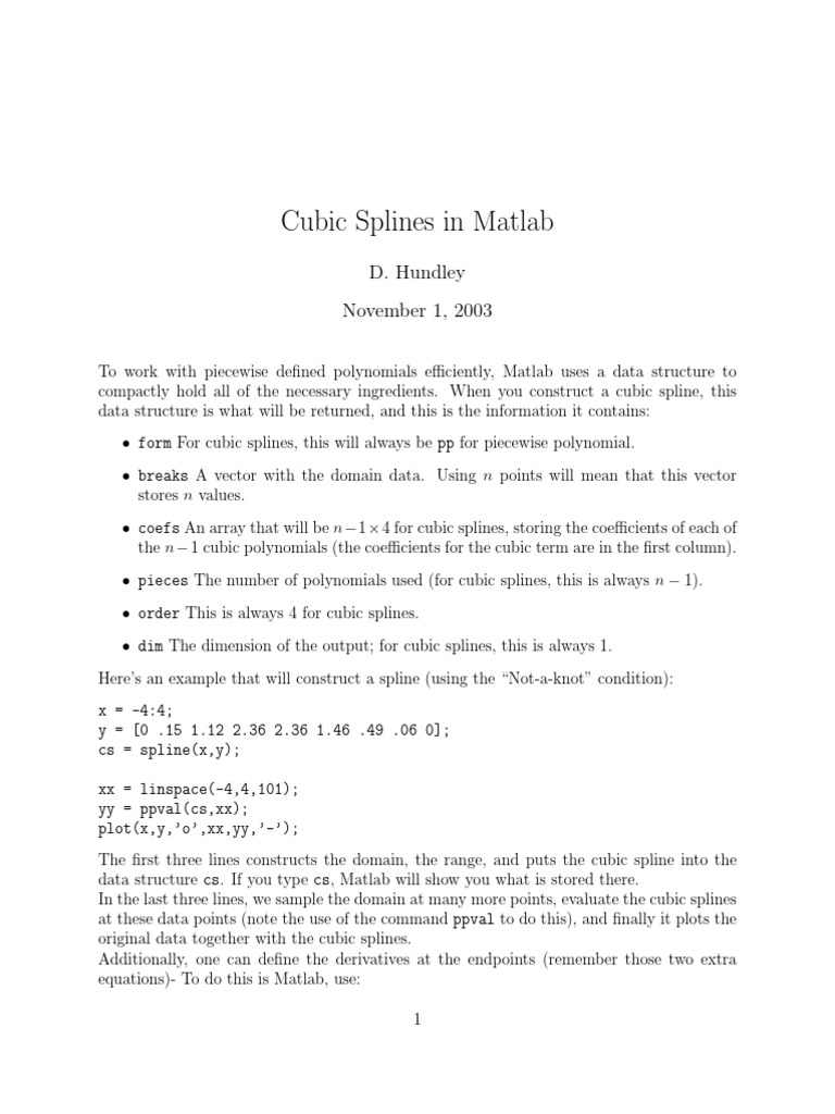 Cubic Splines In Matlab D Hundley November 1 2003 Pdf Spline Mathematics Interpolation