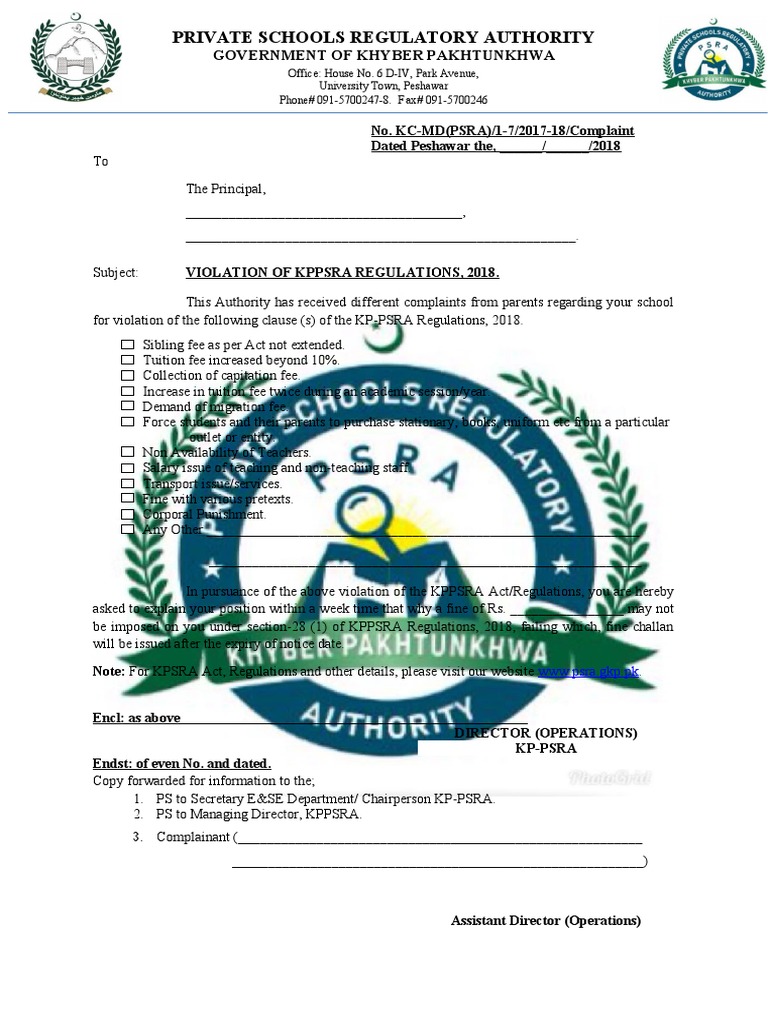 Notice of Violations and Potential Fine: KP-PSRA Requests Explanation ...