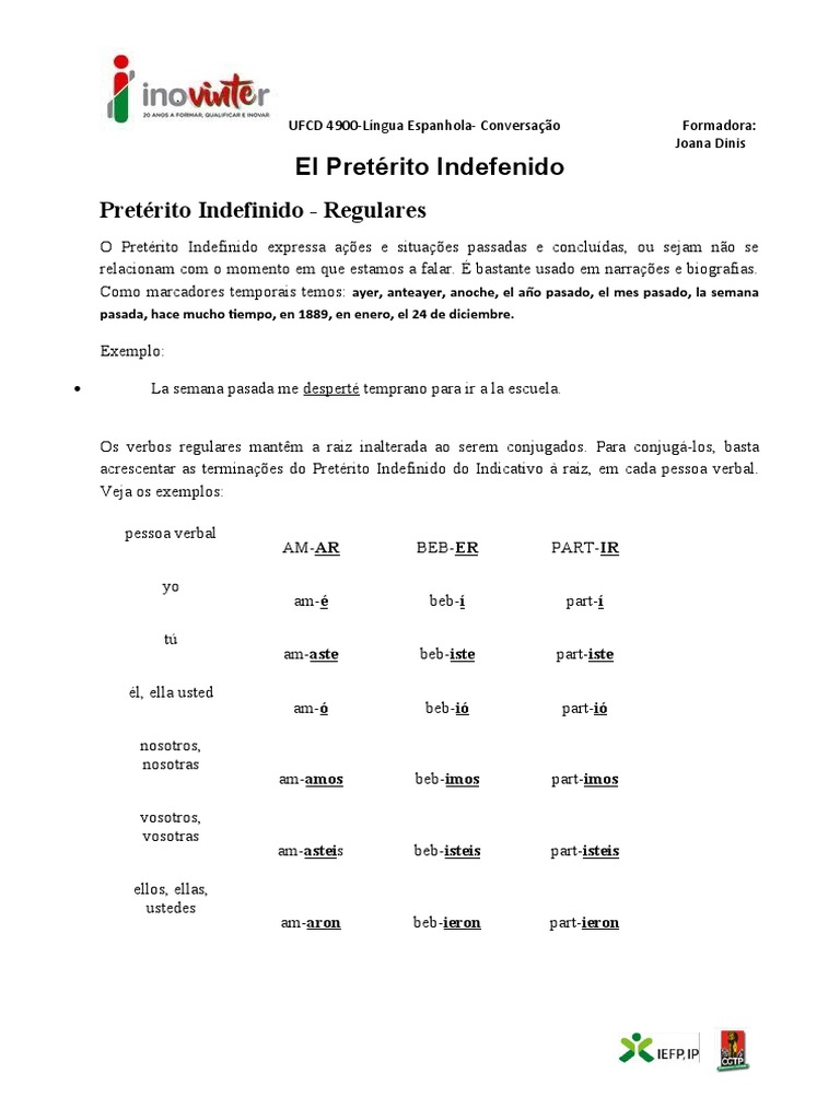 Ficha 23 - El Pretérito Indefinido | PDF | Morfologia linguística ...