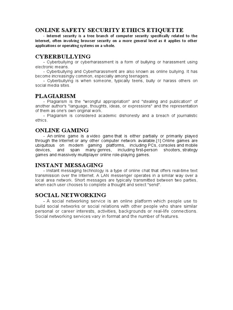 Online Safety Security Ethics Etiquette | PDF | Games & Activities ...