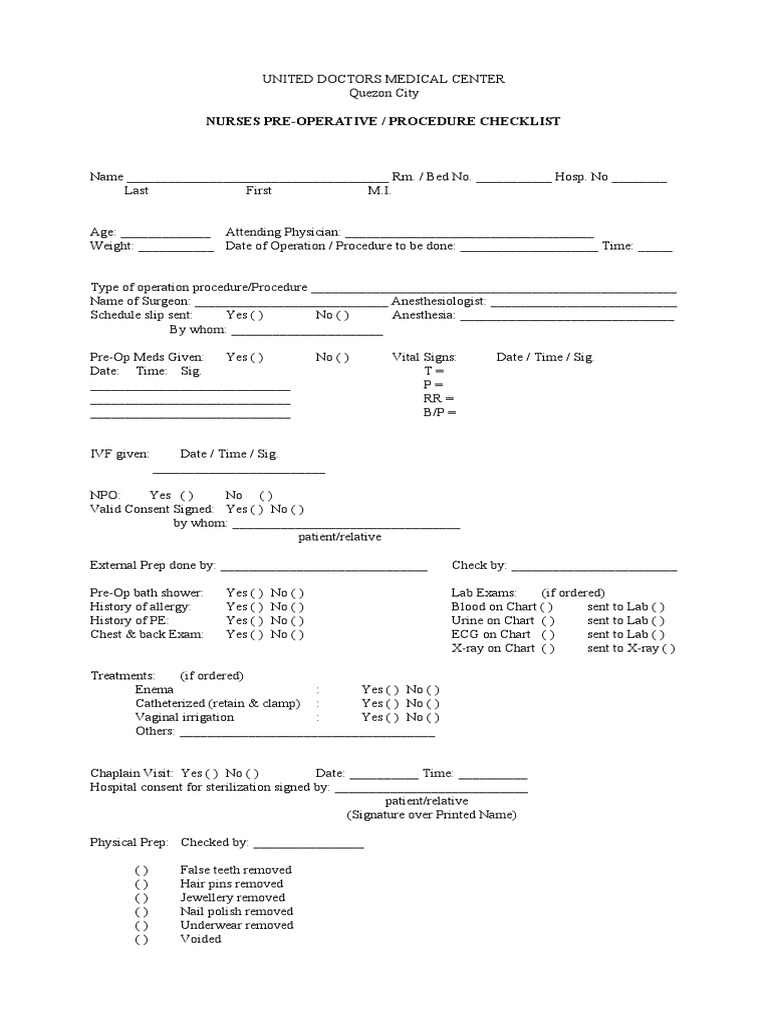 Nurses Pre-Operative / Procedure Checklist | PDF | Surgery | Clinical ...