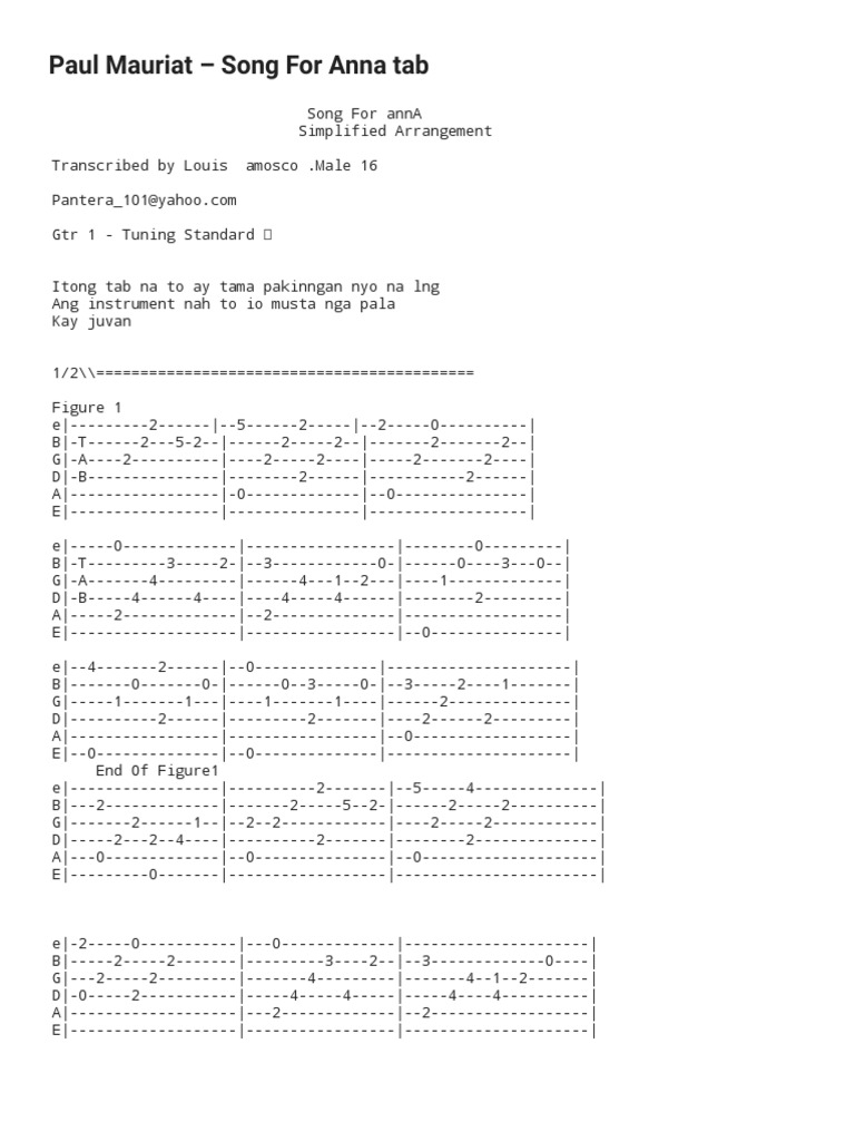 Song For Anna Tab With Lyrics by Paul Mauriat For Guitar at Guitaretab ...