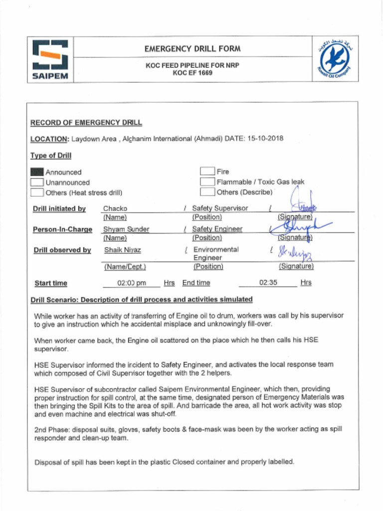 SAIPEM HSE-NRP PIPELINE - Emergency Drill Form PDF | PDF