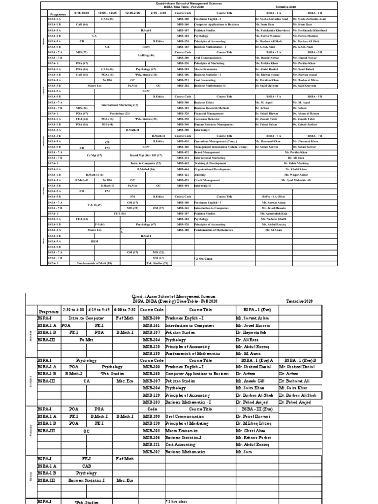 QASMS, Time Table Qau | PDF | Economies | Business