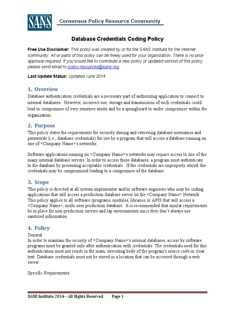 Database Credentials Policy | PDF | Databases | Password