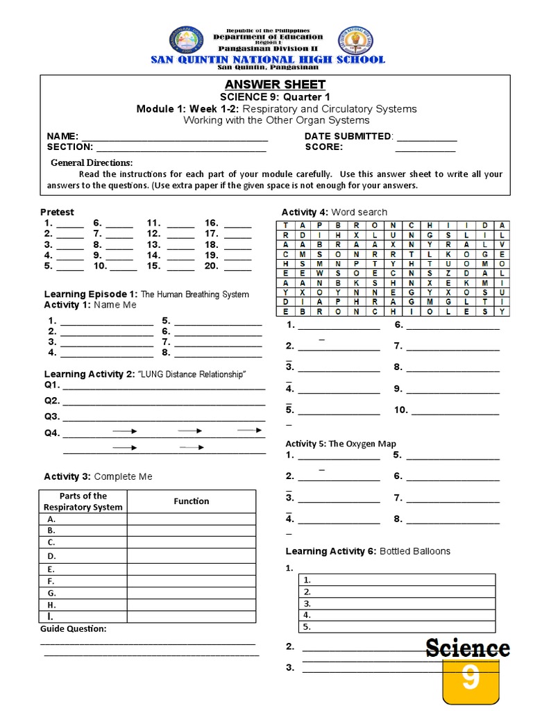 Answer Sheet: Module 1: Week 1-2: Respiratory and Circulatory Systems ...