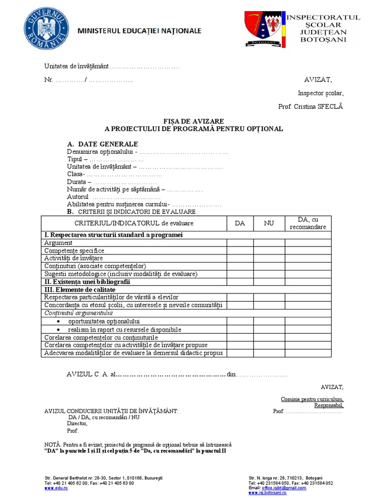 Fisa de Avizare A Proiectului de Programa - Optional EDUCAȚIE TIMPURIE ...