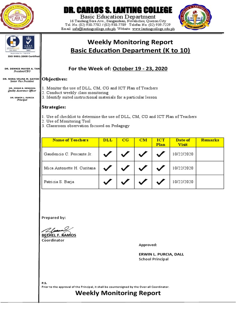 Weekly Monitoring Report | PDF | Education Theory | Pedagogy