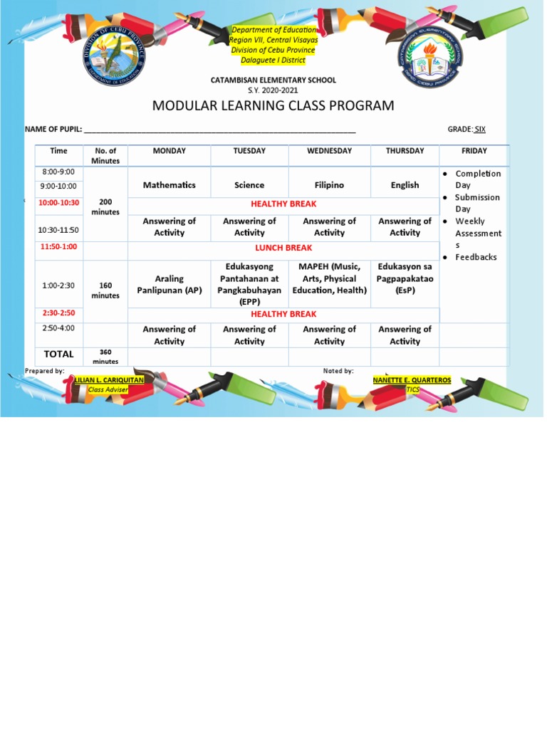 Modular Learning Class Program Schedule for Grade Six Students at ...