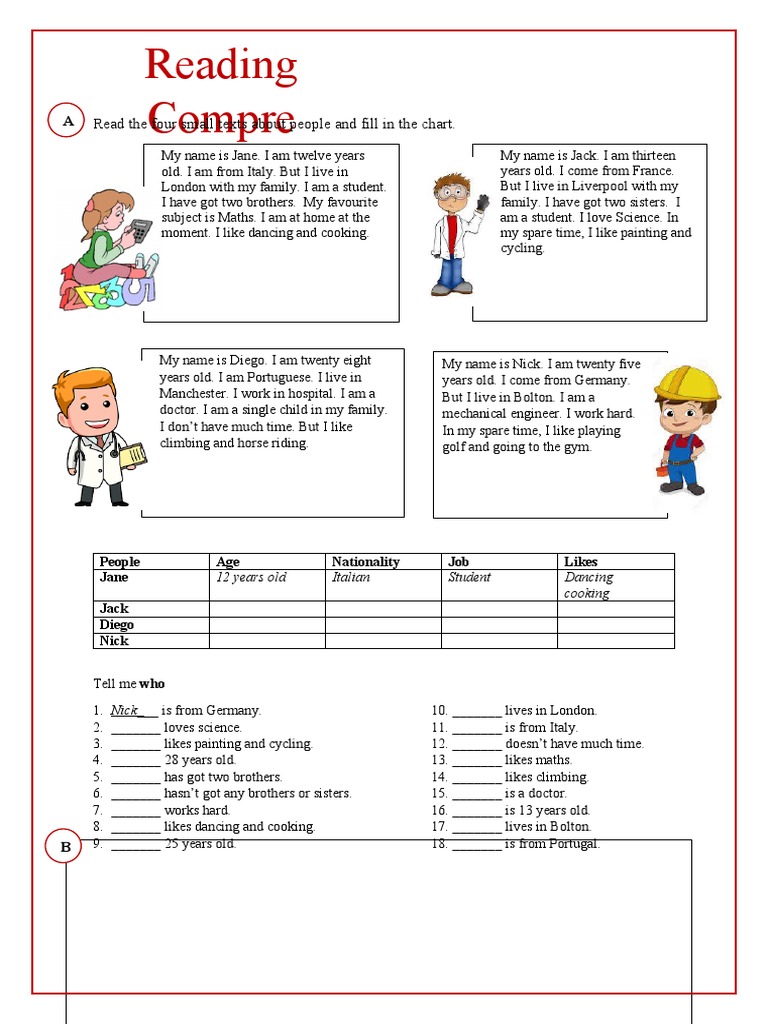 Reading Compre Hension: Read The Four Small Texts About People and Fill ...