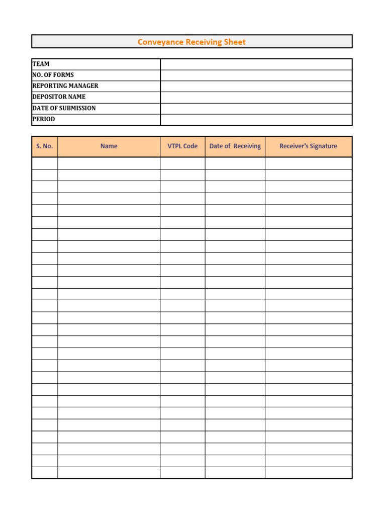 Conveyance Receiving Sheet: S. No. Name VTPL Code Date of Receiving ...