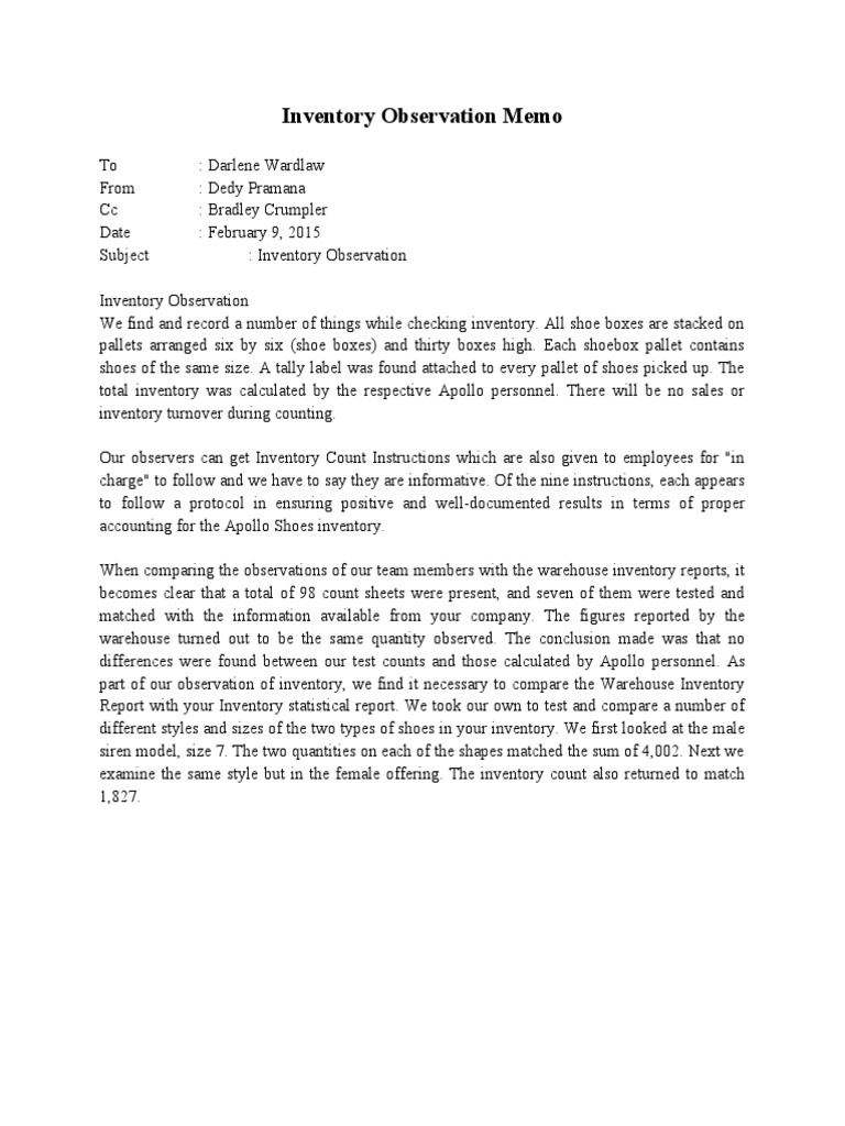 Inventory Observation Memo Details Accurate Count | PDF