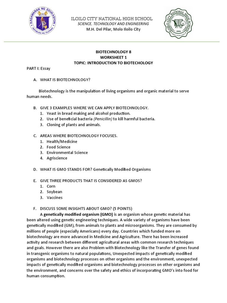 Biotechnology 8 Worksheet 1 Topic: Introduction To Biotechology | PDF ...