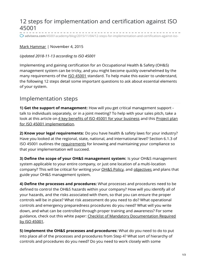 12 Steps For Implementation and Certification Against ISO 45001 | PDF ...