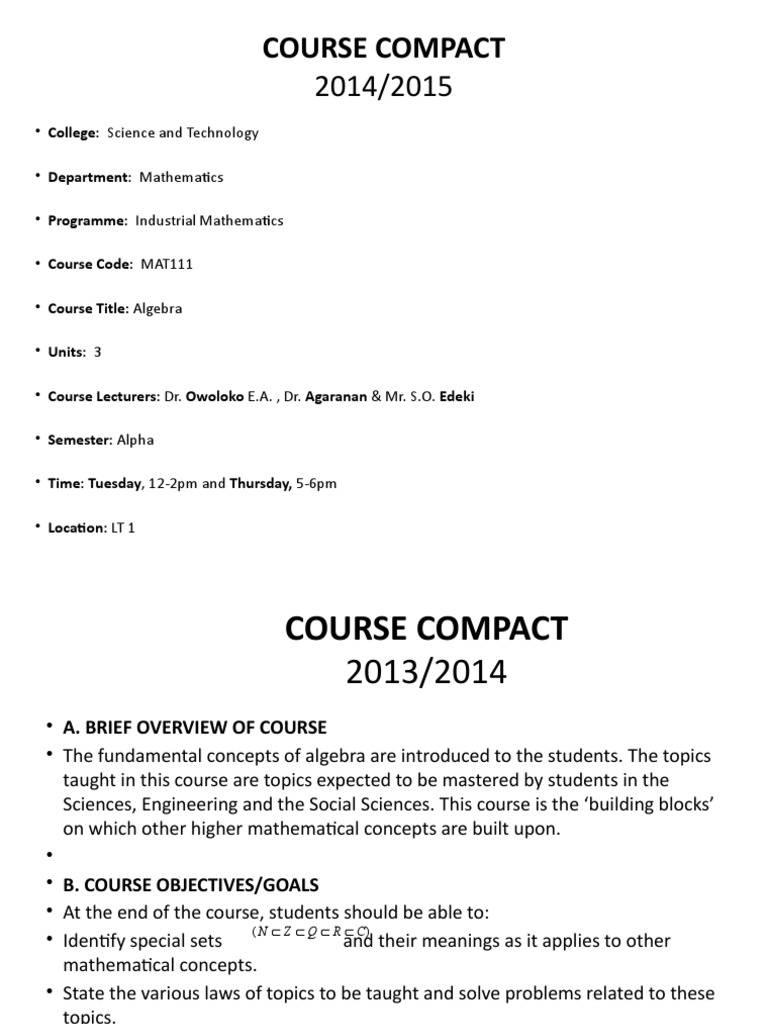 An Overview of the MAT111 Algebra Course Compact | PDF | Set ...