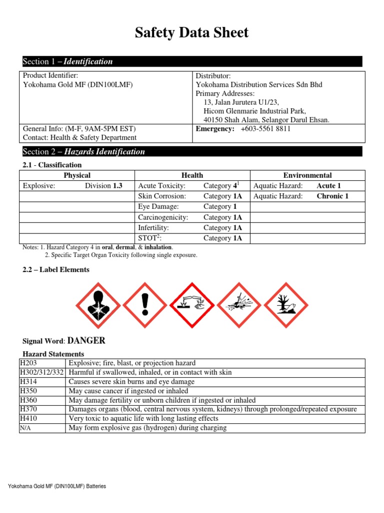 MSDS - Yokohama Gold MF Battery | PDF | Hazardous Waste | Lead