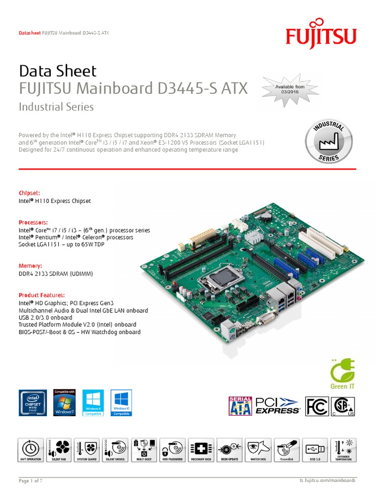 FUJITSU Mainboard D3445-S ATX: Data Sheet | PDF | Bios | Usb
