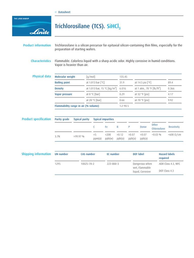 Trichlorosilane (TCS) Product Datasheet | PDF | Liquids | Stainless Steel
