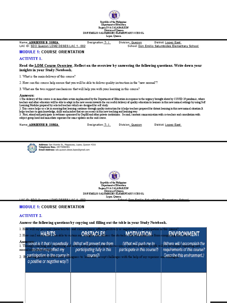 1.LDM2 Module 1 Answer Sheet FINAL | PDF | Teachers | Learning