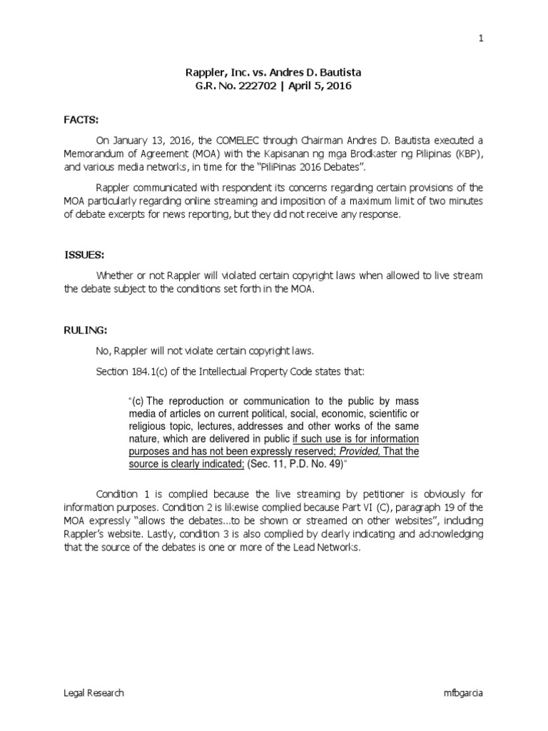 Rappler, Inc. vs. Andres D. Bautista (Case Digest) | PDF