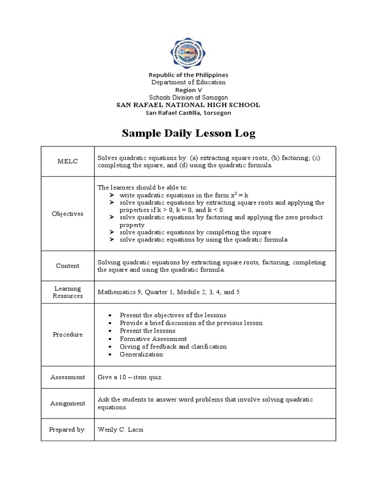 Daily Lesson Log: Solving Quadratic Equations | PDF