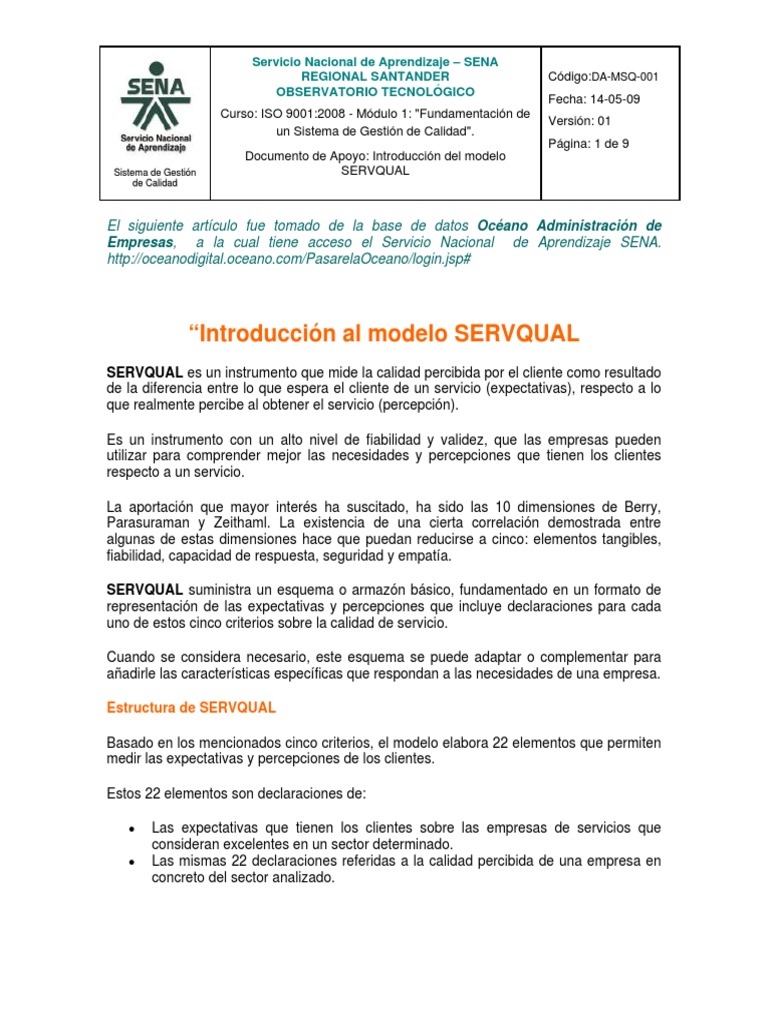 Introd Modelo SERVQUAL - 5 | PDF | Sistema de manejo de calidad ...