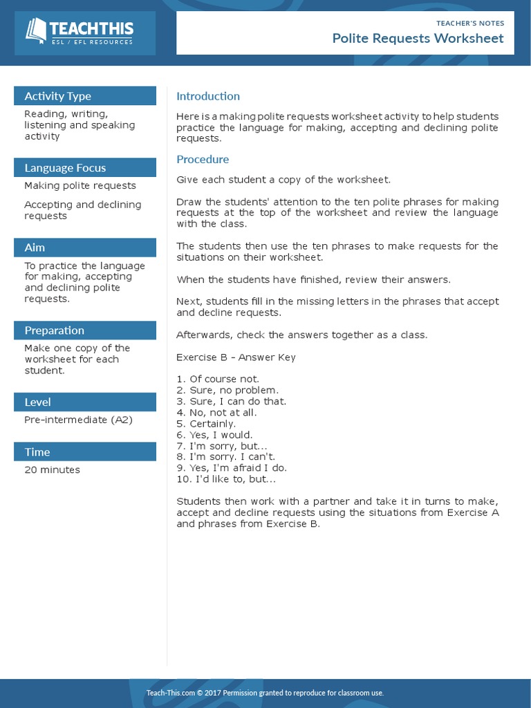 Polite Requests Worksheet: Activity Type | PDF | English As A Second Or Foreign Language | Cognition