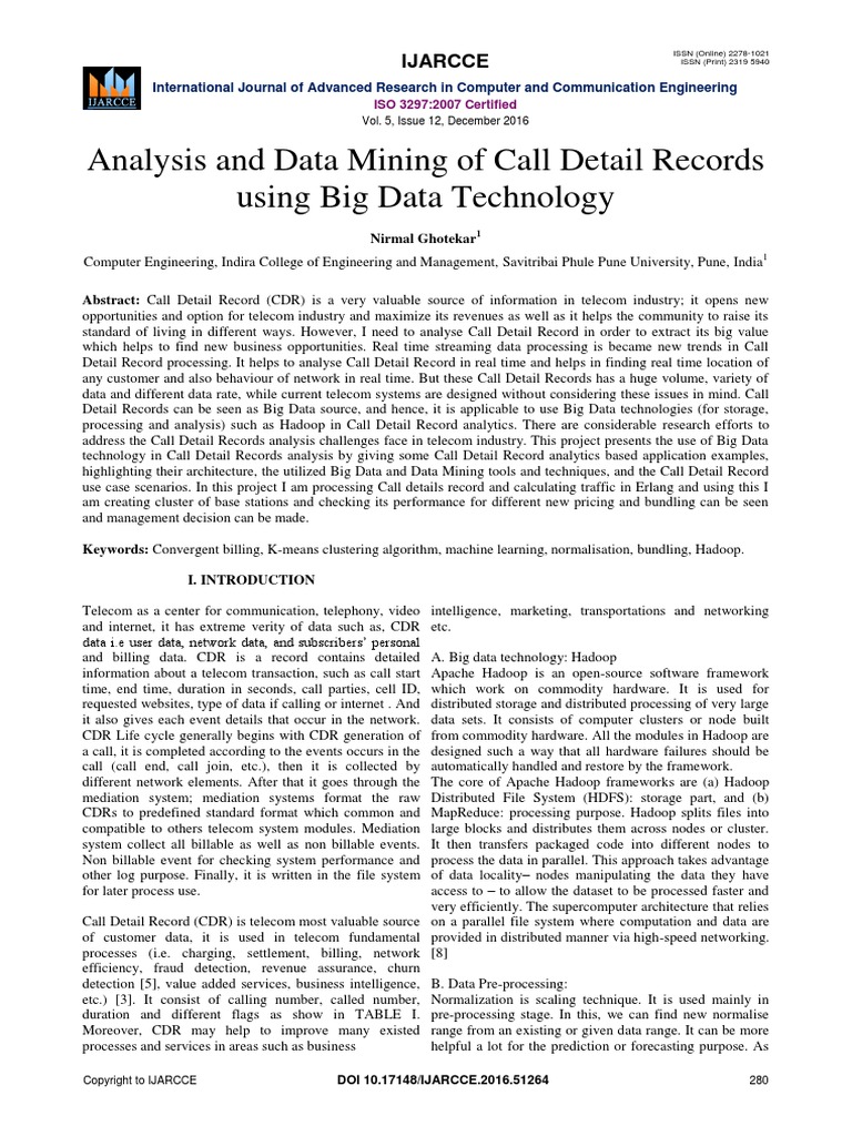 Analysis and Data Mining of Call Detail Records | PDF | Apache Hadoop ...