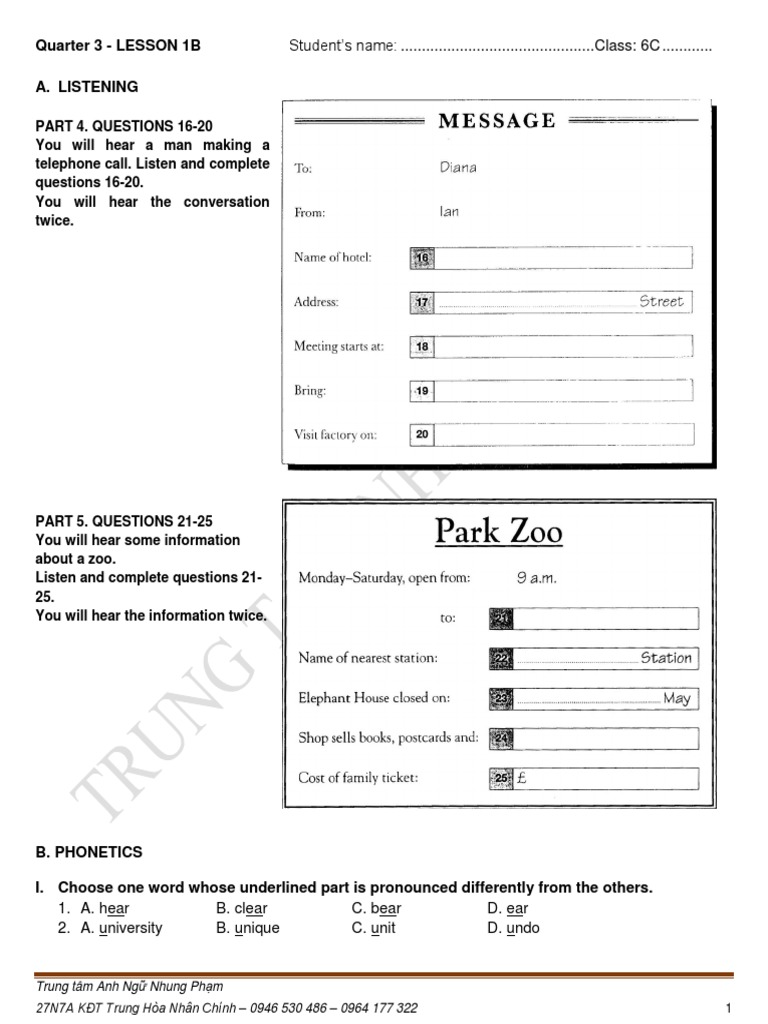 Student's Name: .............................................. Class ...