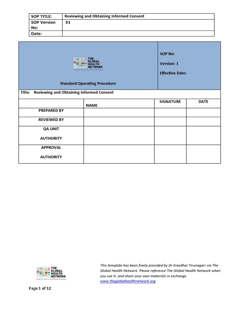 Sop Title: SOP Version No: 01 Date:: Reviewing and Obtaining Informed ...