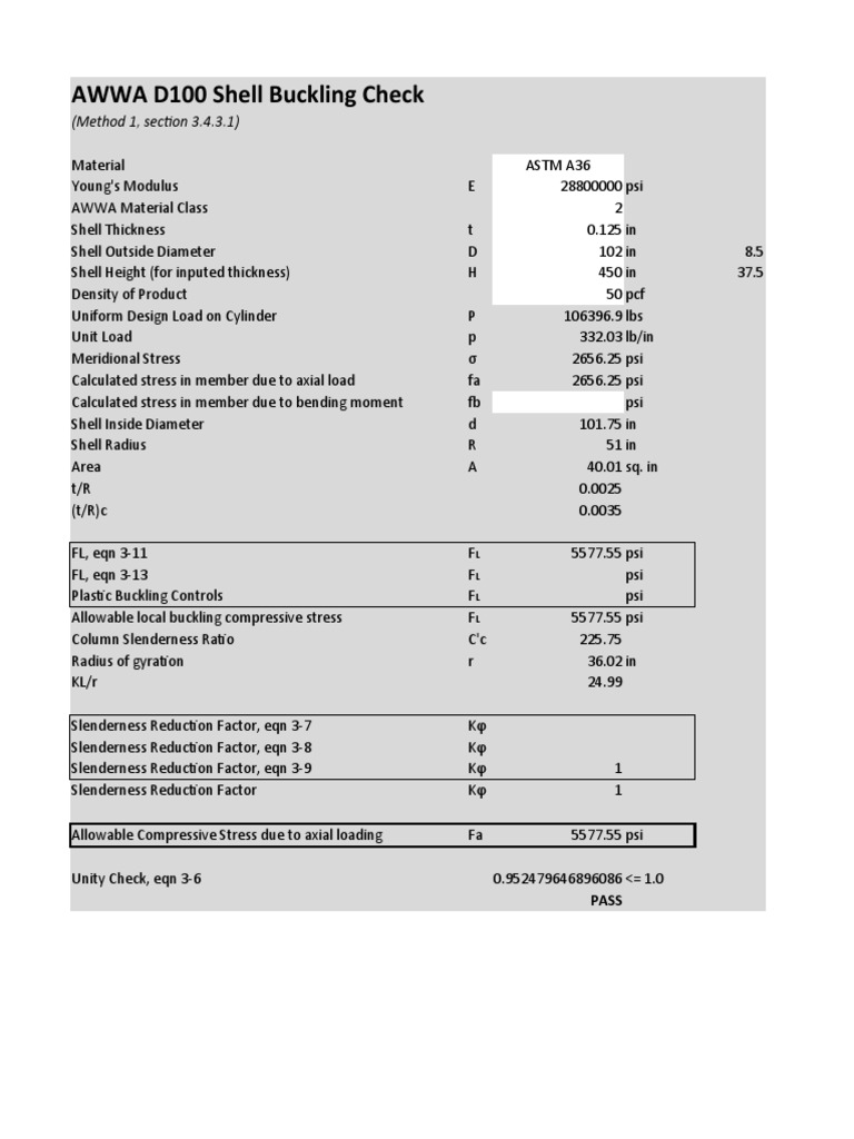 AWWA D100 Buckling Check | PDF | Buckling | Deformation (Mechanics)