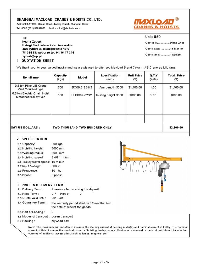 (Quotation) 0.5t Wallmounted JIB Crane | PDF | Crane (Machine ...