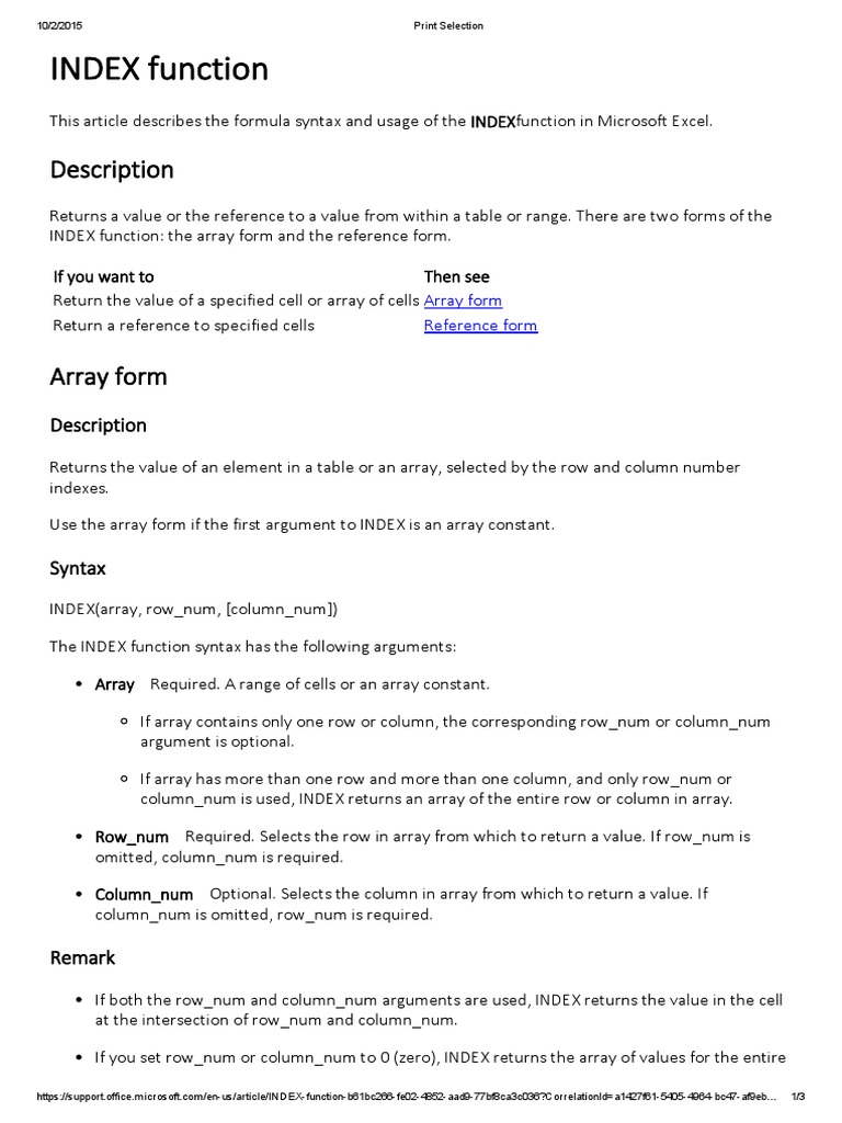 INDEX Function: Description | PDF | Array Data Structure | Database Index