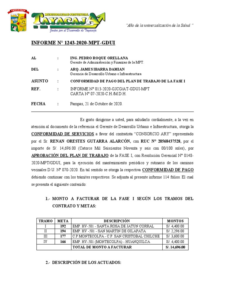 Informe #1243 Conformidad de Pago Plan de Trabajo San Marcos Rocchac | PDF | Gobierno
