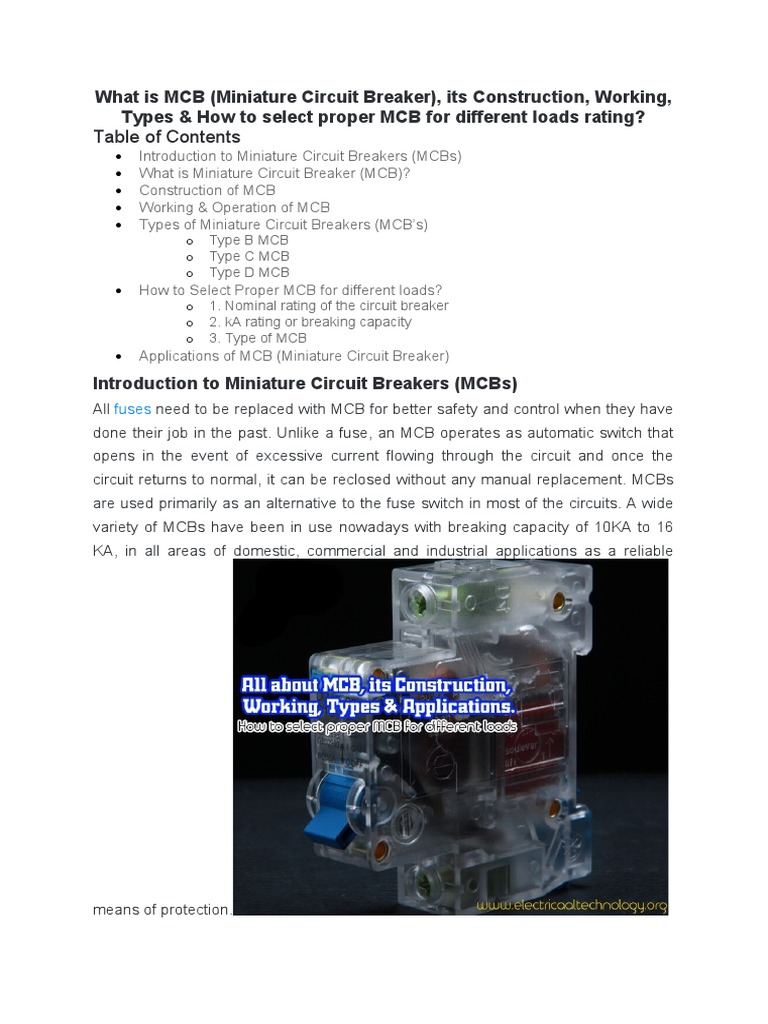 What Is MCB (Miniature Circuit Breaker), Its Construction, Working ...