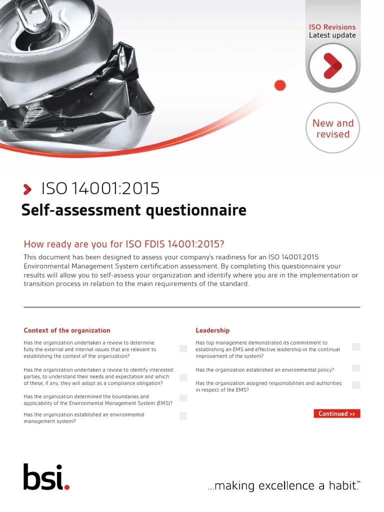 ISO 14001 Self Assessment Checklist FDIS FINAL July 2015 PDF | PDF ...