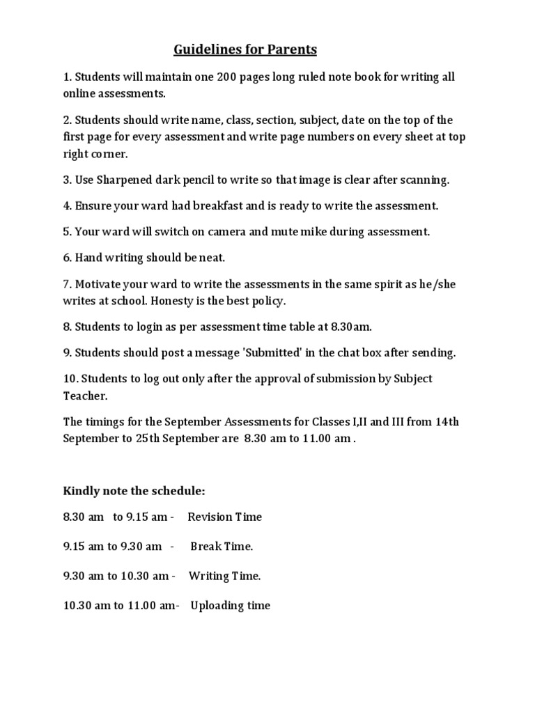 Parent Guidelines for Online Assessments | PDF