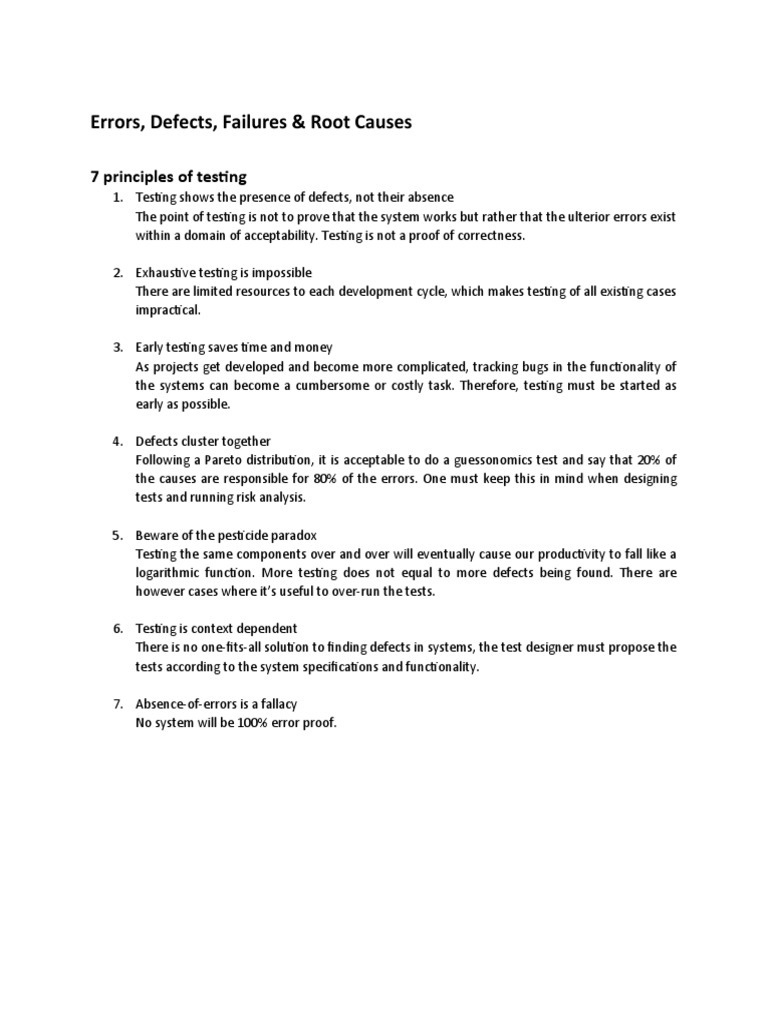 Errors, Defects, Failures & Root Causes: 7 Principles of Testing | PDF ...
