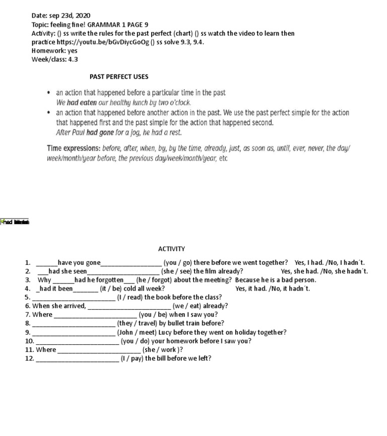 Past Perfect Grammar Rules and Practice | PDF