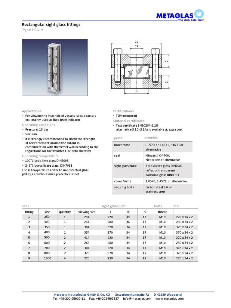 Type LSG-P: Rectangular Sight Glass Fittings | PDF | Glasses | Equipment